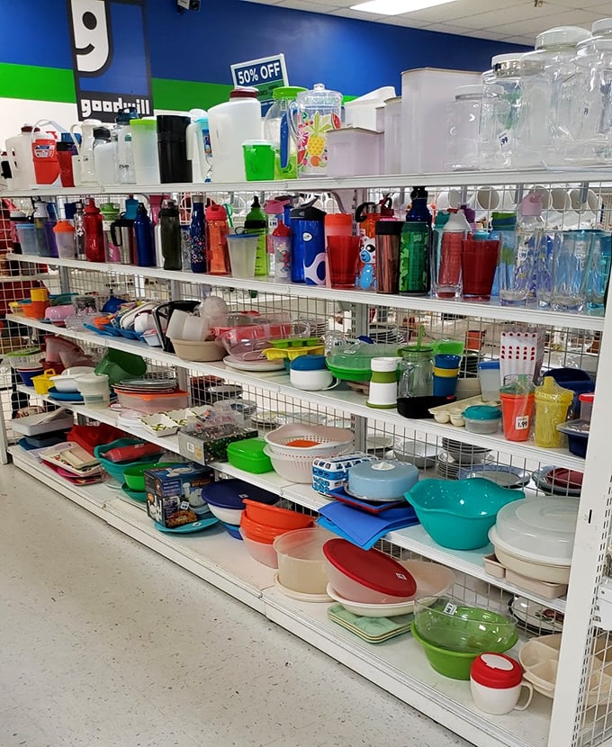 Colorful water bottles and kitchen containers stand at attention, ready to organize someone's life for a fraction of The Container Store prices.