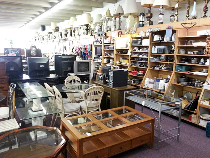 Television graveyard or technology museum? This corner offers everything from vintage TVs to coffee tables, each with stories etched into their surfaces.
