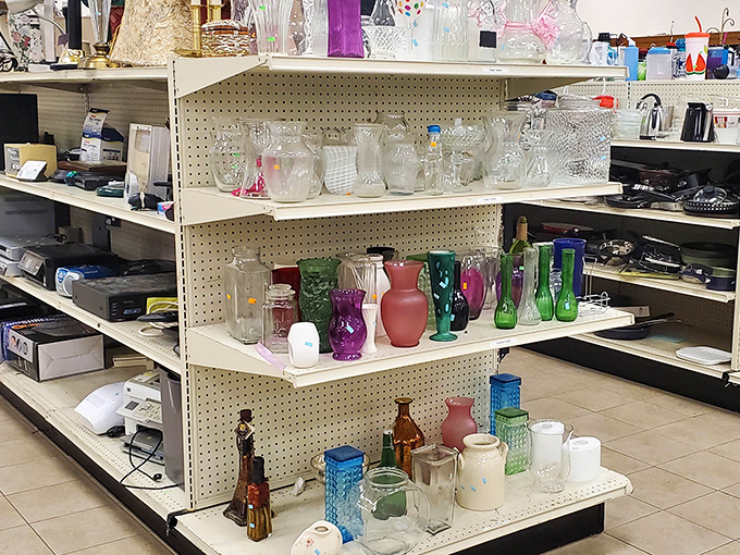 Crystal, glass, and ceramic treasures arranged like a museum of domestic history. Someone's wedding gift from 1982 is about to become your dining table's conversation piece.