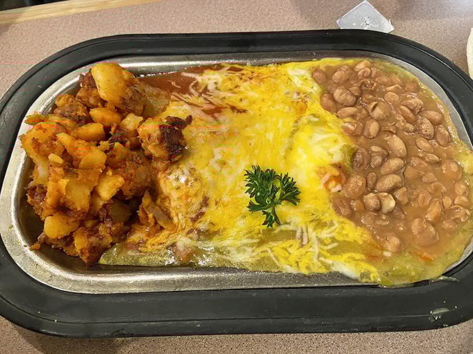 Huevos rancheros: where breakfast meets art meets therapy. That pool of beans isn't just delicious&mdash;it's making a philosophical statement about abundance.