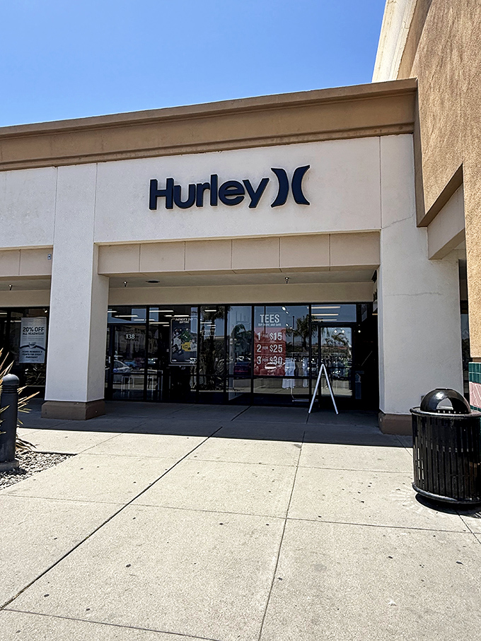 The Hurley store front brings surf culture to the outlet experience, where beach vibes meet markdown prices.