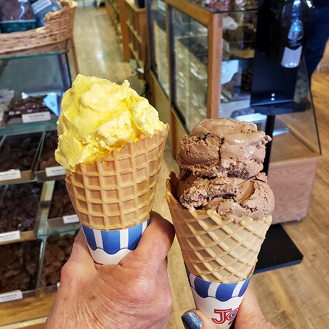 Waffle cones filled with scoops bigger than your childhood dreams. One yellow, one chocolate&mdash;a study in contrasts that somehow both lead to the same joy.