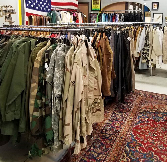 Military jackets mingle with denim classics under an American flag. The United Nations of vintage outerwear has convened in Portland.