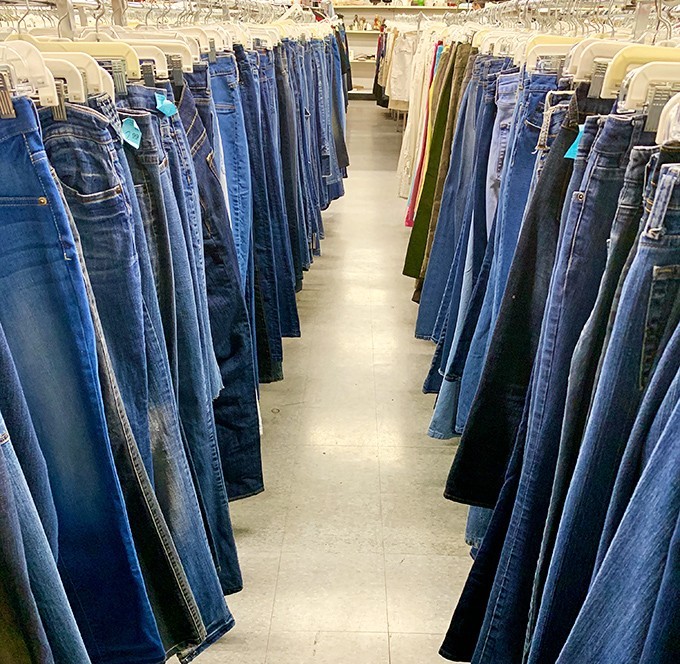 The denim corridor: a blue jean lover's dream. Walking between these perfectly organized pants feels like strolling through a canyon of affordable fashion possibilities.