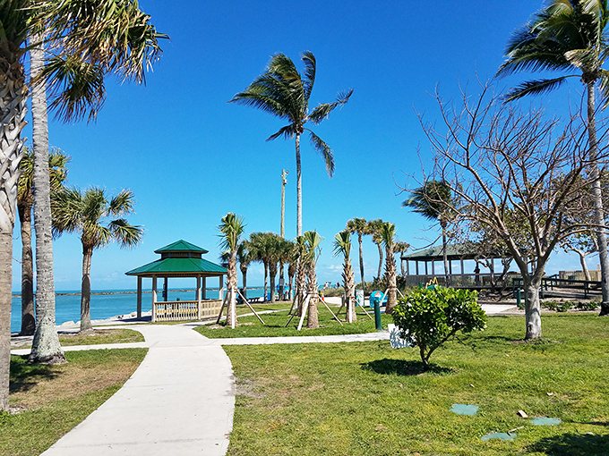 Jetty Park's gazebos and palm-dotted landscape offer contemplation stations where the only required activity is watching the waves roll in.