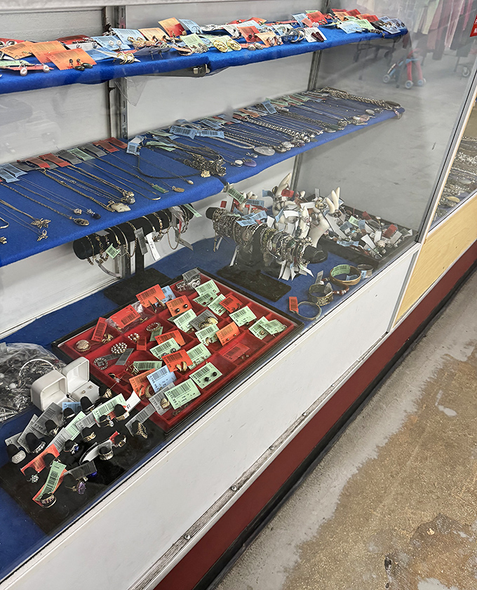 Jewelry cases sparkle with forgotten glamour, each piece carrying stories of celebrations and special moments past.