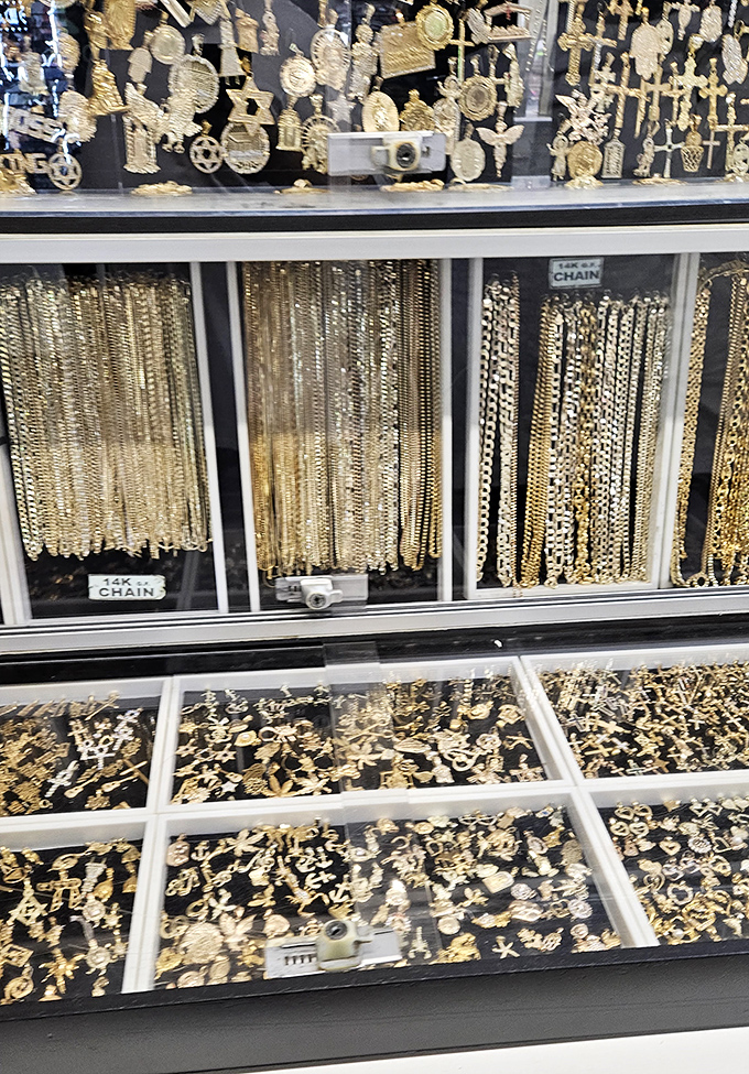 Gold chains and pendants glimmer under display lights, a treasure trove that would make even the most restrained shopper contemplate a little sparkle.
