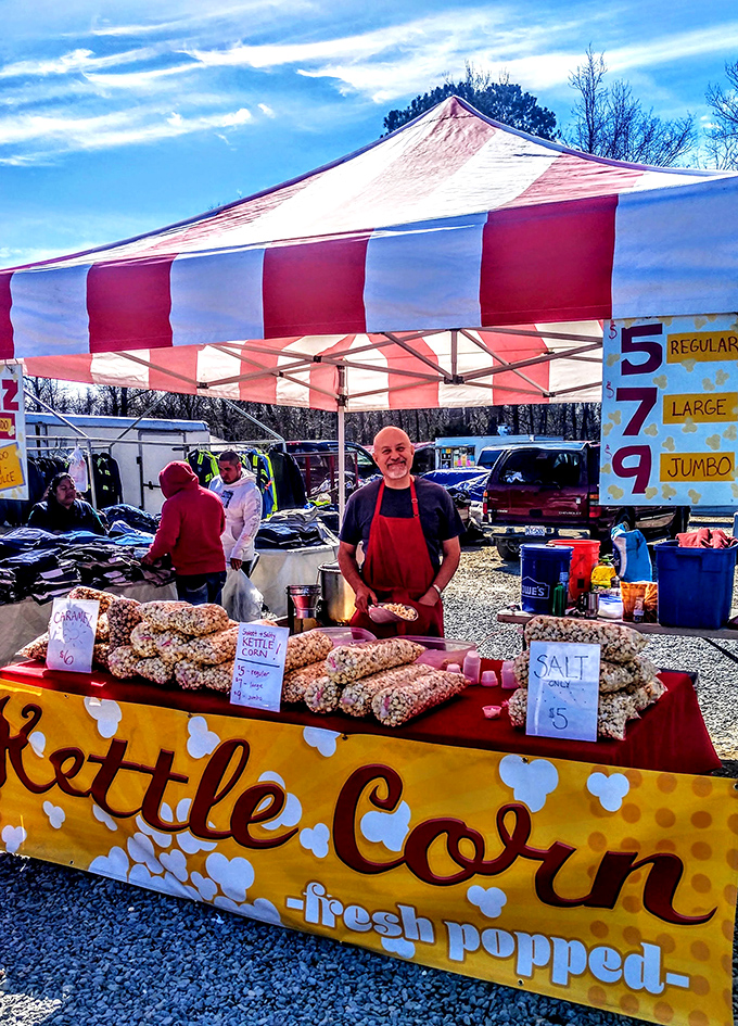 The kettle corn maestro orchestrates a symphony of sweet and salty, creating the official perfume of flea markets everywhere.