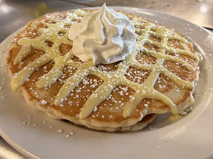 Pancakes drizzled with what appears to be key lime goodness&mdash;because in the Keys, even breakfast deserves a tropical vacation.