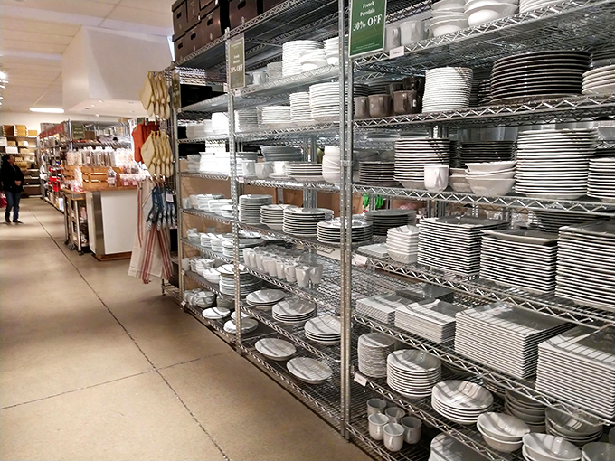 Rows of pristine dinnerware stacked higher than your holiday dinner expectations. Kitchen dreams materialize at prices that won't give you indigestion.