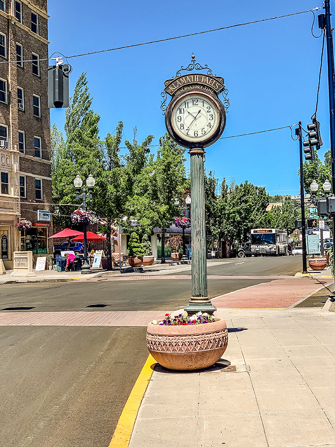 That town clock isn't just keeping time – it's keeping watch over a downtown where rushing seems almost disrespectful to the laid-back vibe.