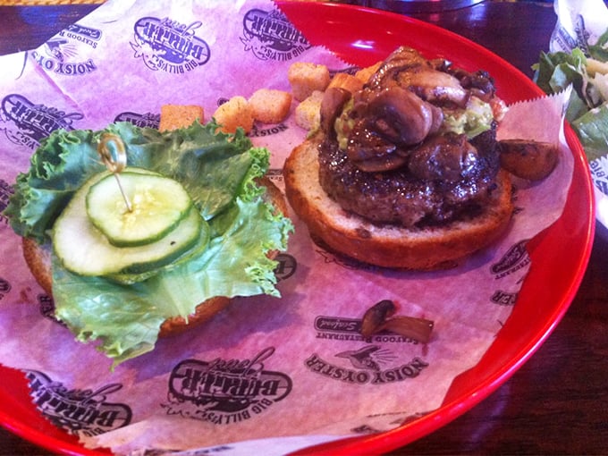 Mushrooms and mystery toppings transform this burger into something worthy of a food photographer's portfolio&mdash;and your immediate attention.