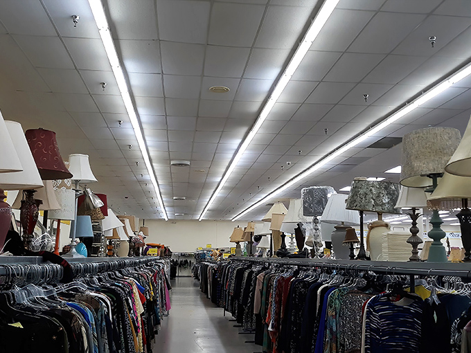 The lamp section illuminates both literally and figuratively. Vintage shades hover above clothing racks like stylish sentinels guarding fashion treasures below. 