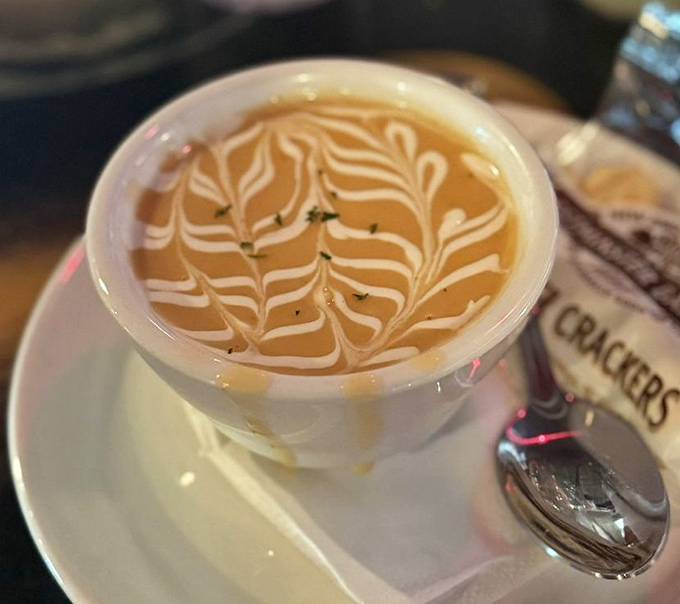 Lobster bisque with artistic cream swirls that would make baristas jealous &ndash; comfort in a cup with maritime credentials.