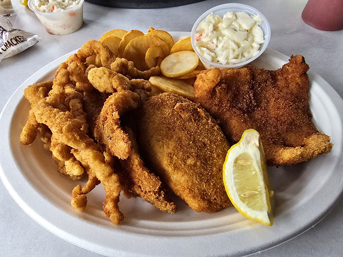 The lunch combo plate: a seafood symphony featuring flounder, shrimp, and everything your taste buds crave.