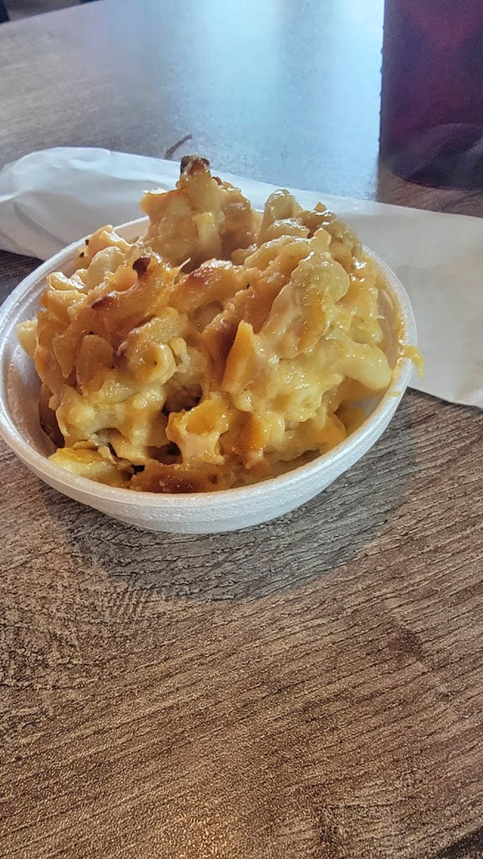 Mac and cheese that doesn't come from a blue box. This golden, bubbling masterpiece has achieved the perfect cheese-pull potential.