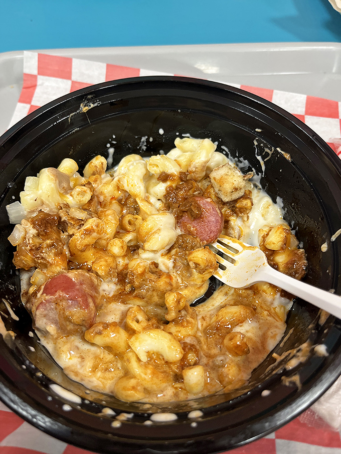 Mac and cheese with sliced sausage—comfort food that hugs your insides like your grandmother, if your grandmother were a culinary genius.