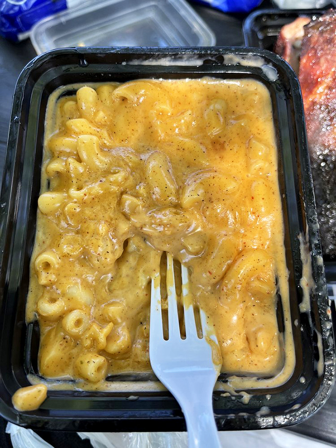 Mac and cheese that doesn't know it's a side dish, creamy and unapologetic, demanding equal billing with the smoked stars of the show.