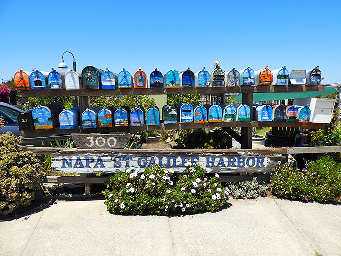 These whimsical mailboxes at Napa St. Galilee Harbor aren't just functional&mdash;they're floating neighborhood art, each one a tiny canvas of maritime creativity.