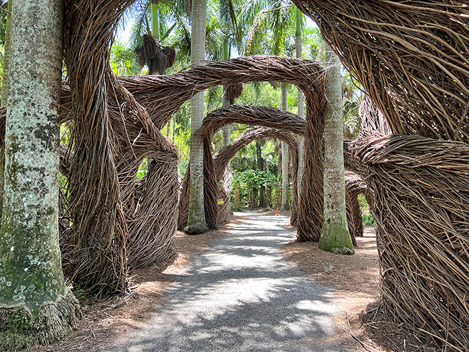 McKee Botanical Garden's woven palm archways create natural tunnels that feel like walking through a living sculpture gallery designed by Mother Nature herself.