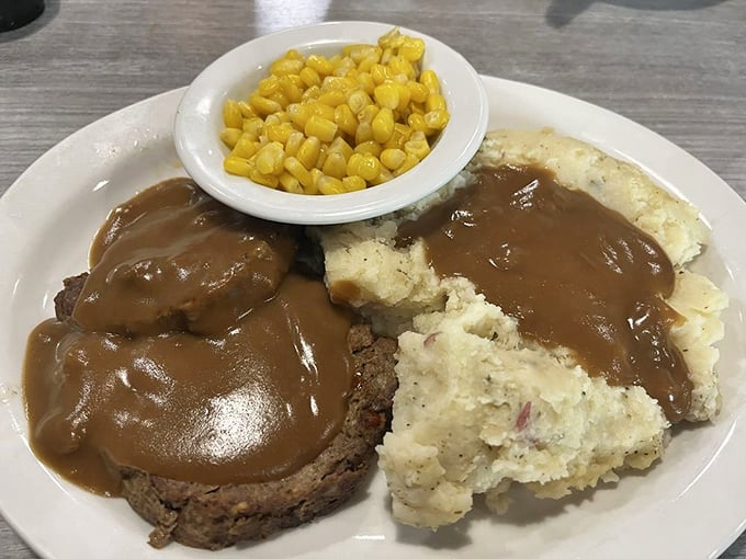 Meatloaf and mashed potatoes with gravy &ndash; comfort food so authentic it might accidentally trigger childhood memories you didn't know you had.
