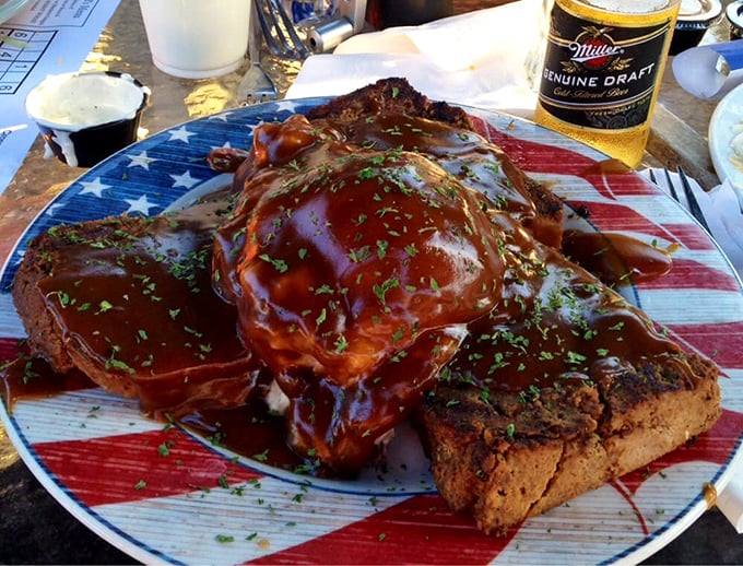 Meatloaf that would make your grandmother both jealous and proud, smothered in a sauce that deserves its own fan club.