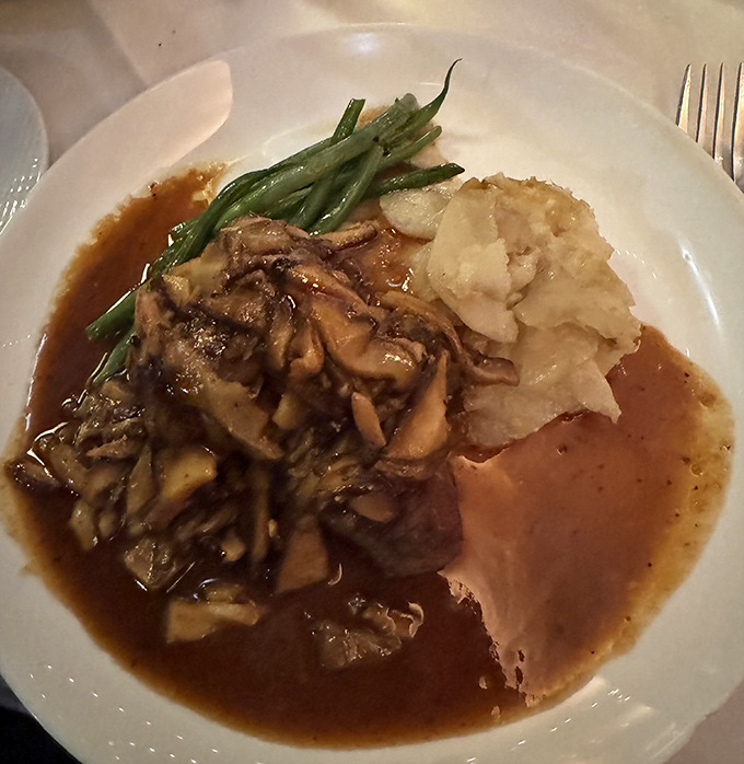 Veal with mushrooms and mashed potatoes&mdash;comfort food dressed in its Sunday best, ready for the culinary red carpet.
