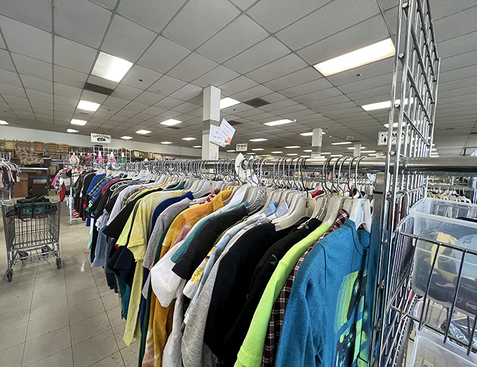 The men's section: a rainbow of possibilities hanging in perfect formation. More options than a dating app, with significantly less ghosting.