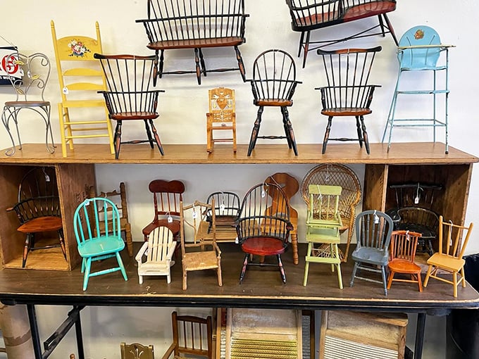 A miniature chair convention where no one sits down&mdash;each tiny seat telling its own story of craftsmanship and design.