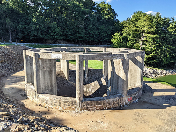 This concrete structure might look like a modern art installation, but it's actually part of the park's water management system.