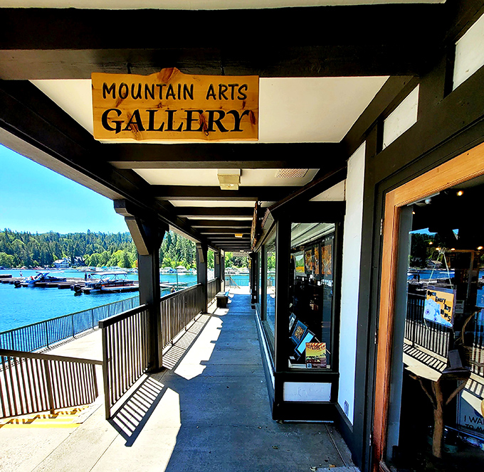 Mountain Arts Gallery offers local creativity with a side of spectacular lake views. The walkway itself belongs in a painting.