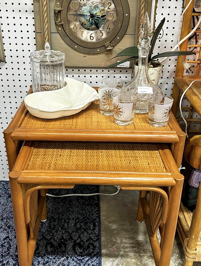 Rattan nesting tables that would make Don Draper nod approvingly. Add cocktail glasses and you've got instant mid-century sophistication.