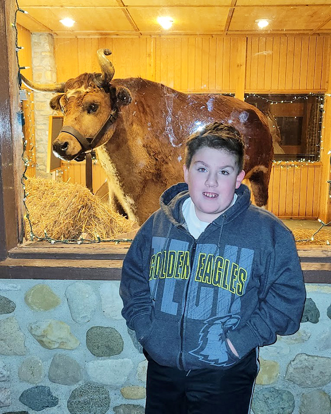 The image shows a visitor standing near the preserved remains of Old Ben, creating that uniquely American vacation memory: "Remember when we posed with that giant stuffed cow?"