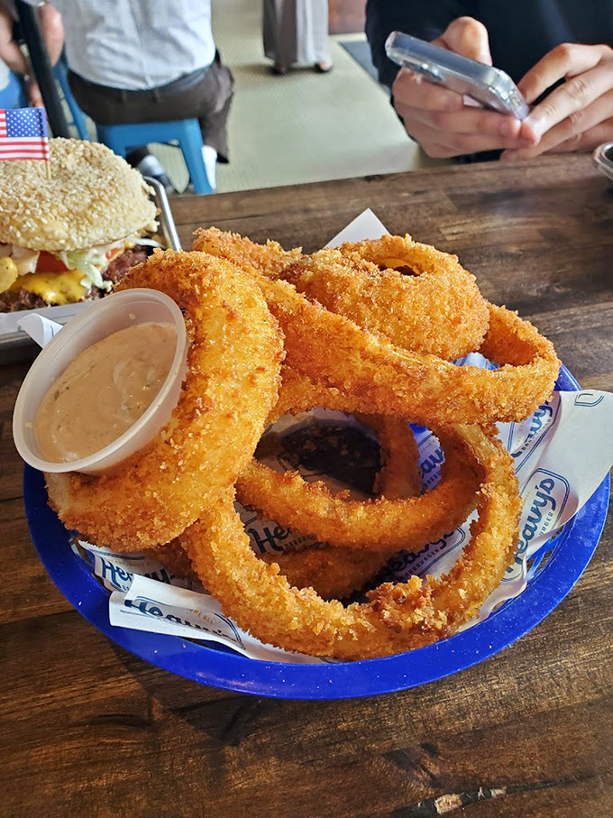 Onion rings with the perfect crunch-to-squish ratio. That dipping sauce isn't just condiment&mdash;it's a supporting character in this delicious drama.