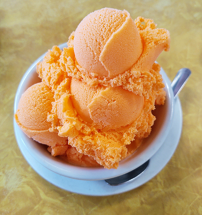 Orange sherbet that captures sunshine in frozen form. The vibrant color promises a citrus explosion that makes your taste buds stand at attention.
