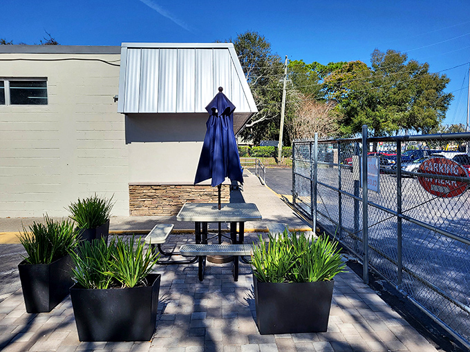 Even treasure hunters need a break. This charming outdoor seating area offers a moment of respite between bargain-finding expeditions.