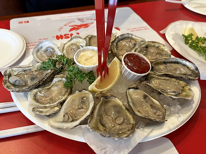 These oysters aren't just seafood; they're time machines to the exact moment they were plucked from cold Pacific waters. The red cocktail sauce adds just the right kick.
