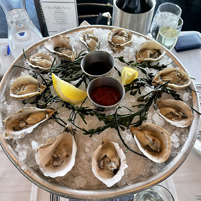 A dozen oysters arranged like a clock face, telling you it's definitely time to indulge. The ocean's perfect appetizer awaits your verdict.