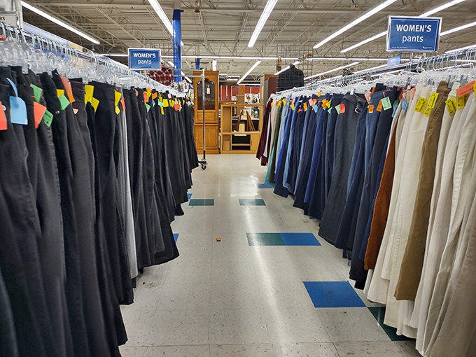 The pants section stretches as far as the eye can see, a denim rainbow organized with military precision.