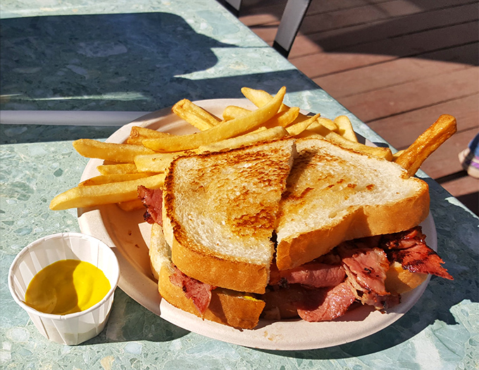 The pastrami sandwich that could make a New Yorker weep with joy. Perfectly grilled bread, generous meat, and those golden fries&mdash;a California interpretation of a deli classic.