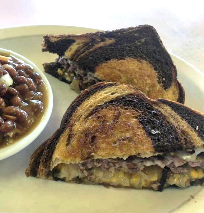 A patty melt and baked beans that would make a vegetarian question their life choices. This is comfort food that hugs you from the inside.