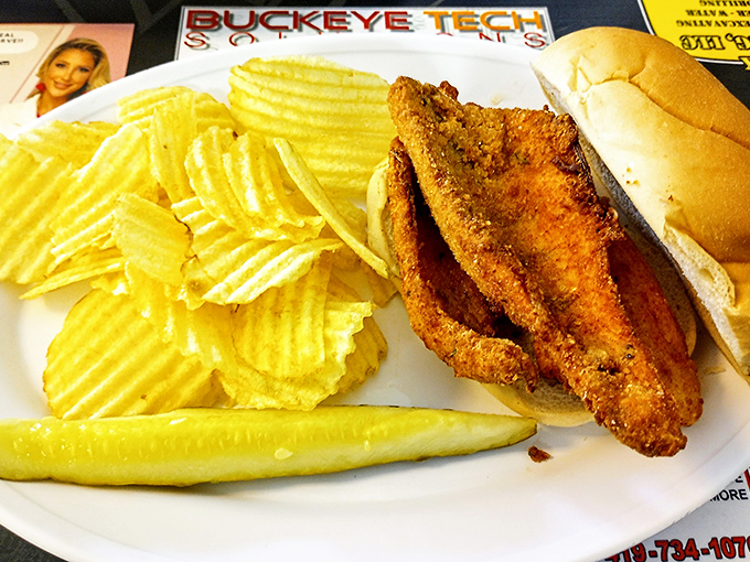 Lake Erie's bounty transformed into sandwich perfection. This perch sandwich with crispy breading is what fish sandwiches dream of becoming when they grow up.
