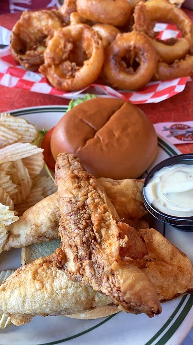 Golden-fried perfection meets the humble onion ring. Like Olympic medals for vegetables that sacrificed everything for flavor.
