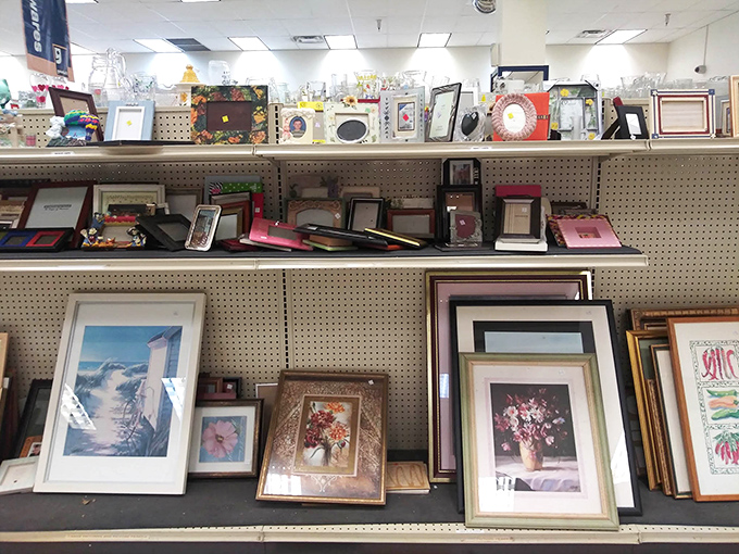 A gallery of forgotten frames and mass-produced art awaits your creative vision. That lighthouse print could be your bathroom's missing piece!