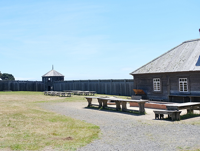Picnic tables with a side of history&mdash;these wooden benches have hosted countless sandwiches with spectacular views of Fort Ross's stockade walls.