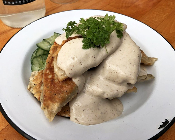 Pierogi perfection: crispy edges, tender centers, and a creamy sauce that makes you wonder why you ever thought dairy was necessary for decadence.