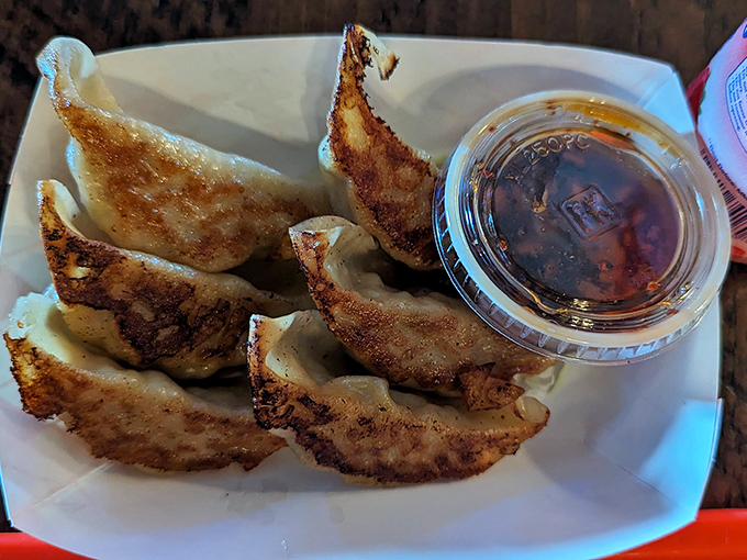 Crispy-bottomed gyoza: proof that the best things in life come in small packages with perfectly caramelized undersides and dipping sauce on the side.