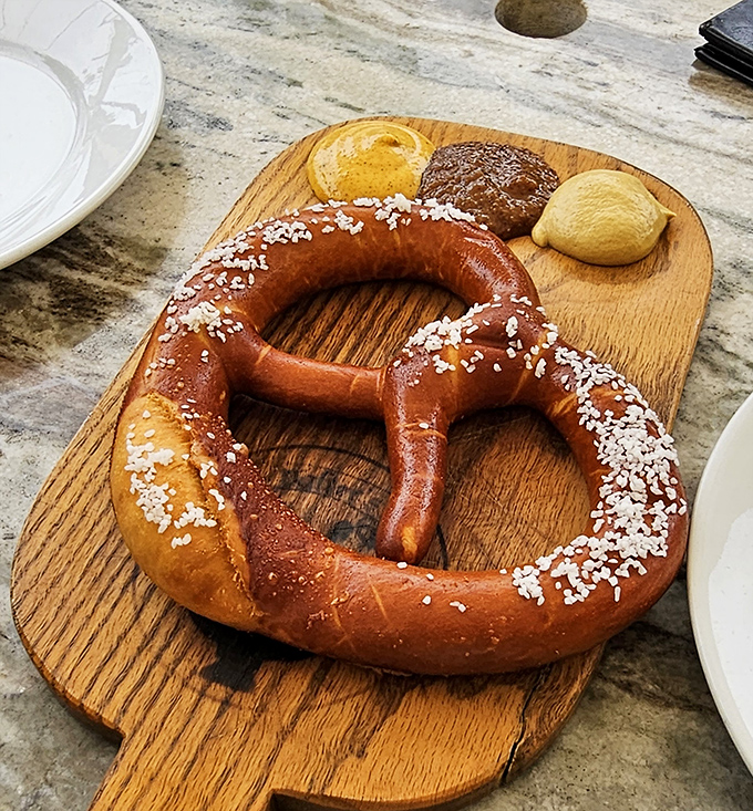 The Bavarian pretzel arrives like an edible work of art &ndash; perfectly twisted, gloriously bronzed, and sprinkled with salt crystals that catch the light.