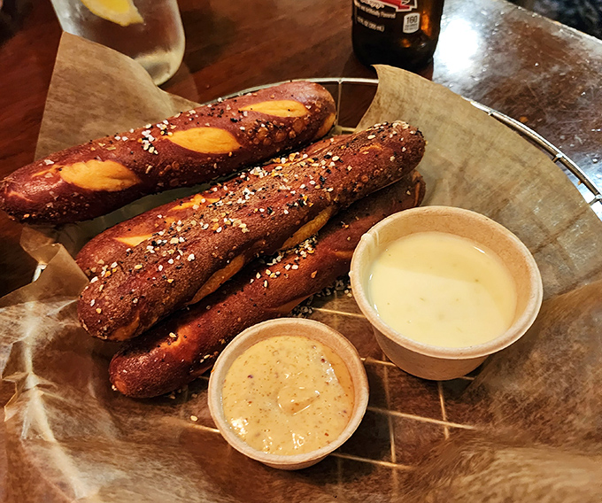 Pretzel sticks that put ballpark versions to shame, with dipping sauces worth fighting over&mdash;sharing optional but not recommended.