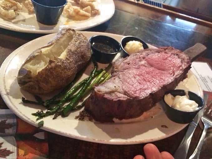 Prime rib that makes you question every steak you've ever eaten before. That baked potato is living its best life as the perfect sidekick.